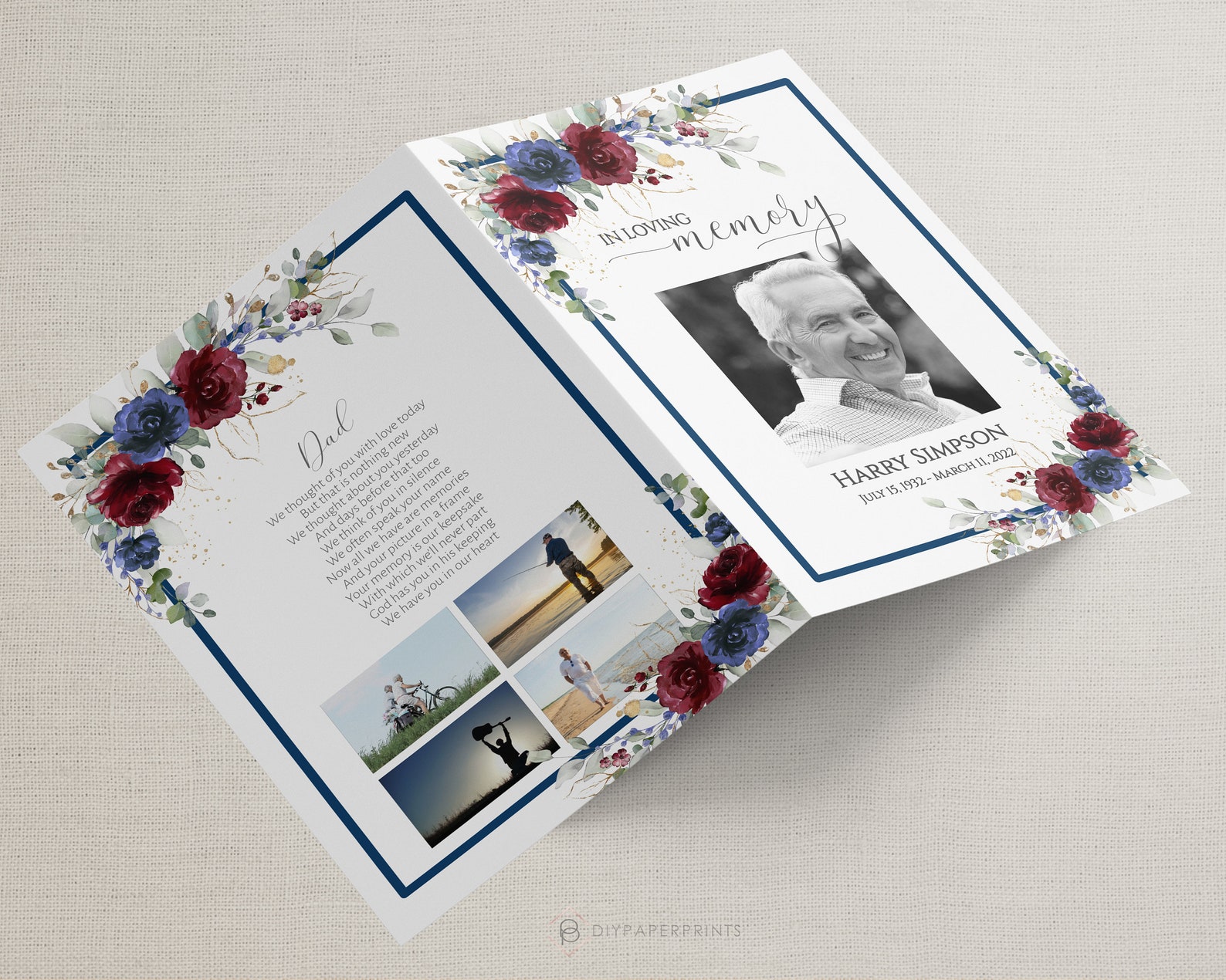 Funeral Program Template Burgundy Blue Roses Men Women - Etsy