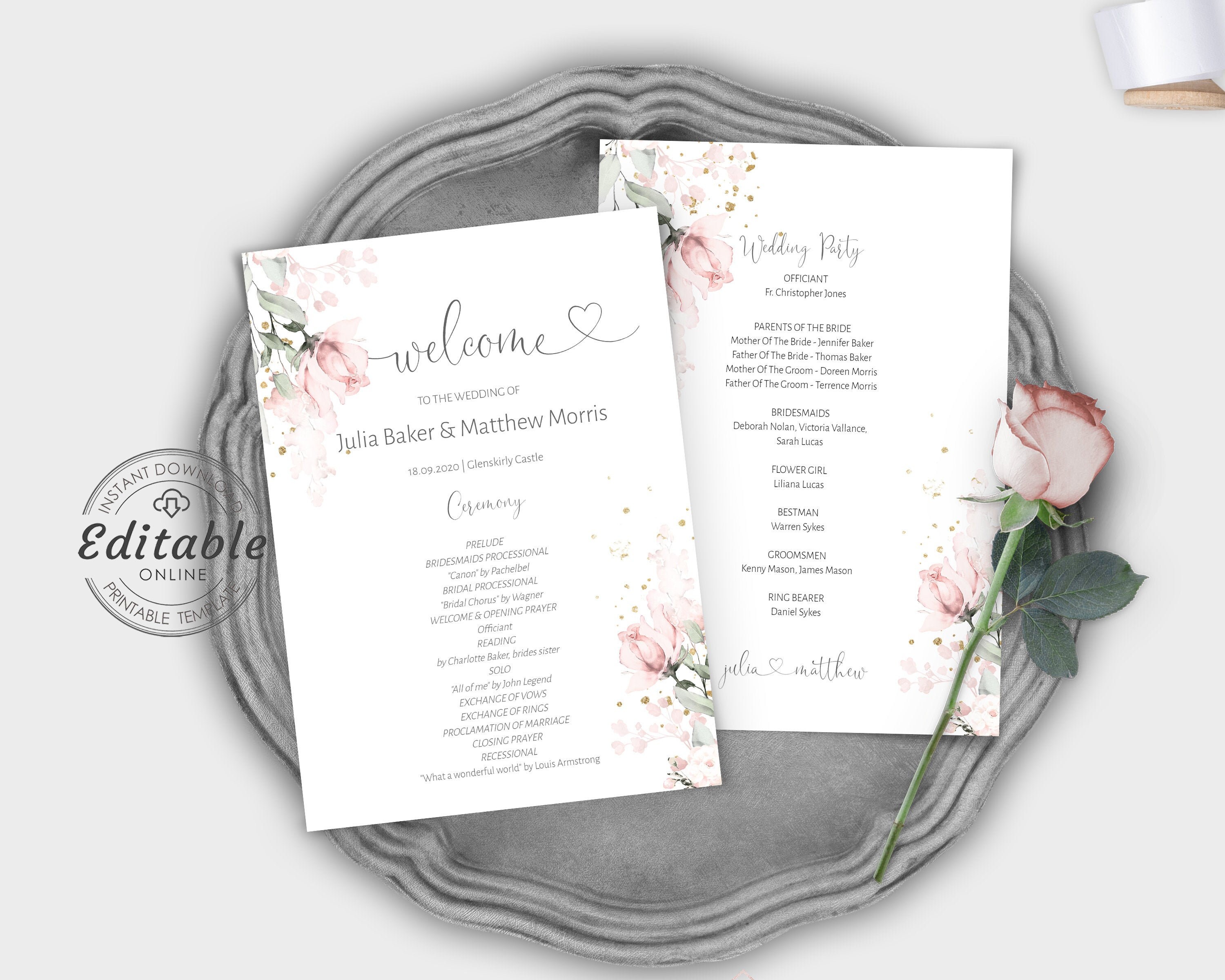 Blush Pink Wedding Program Template Pink Floral Printable - Etsy UK