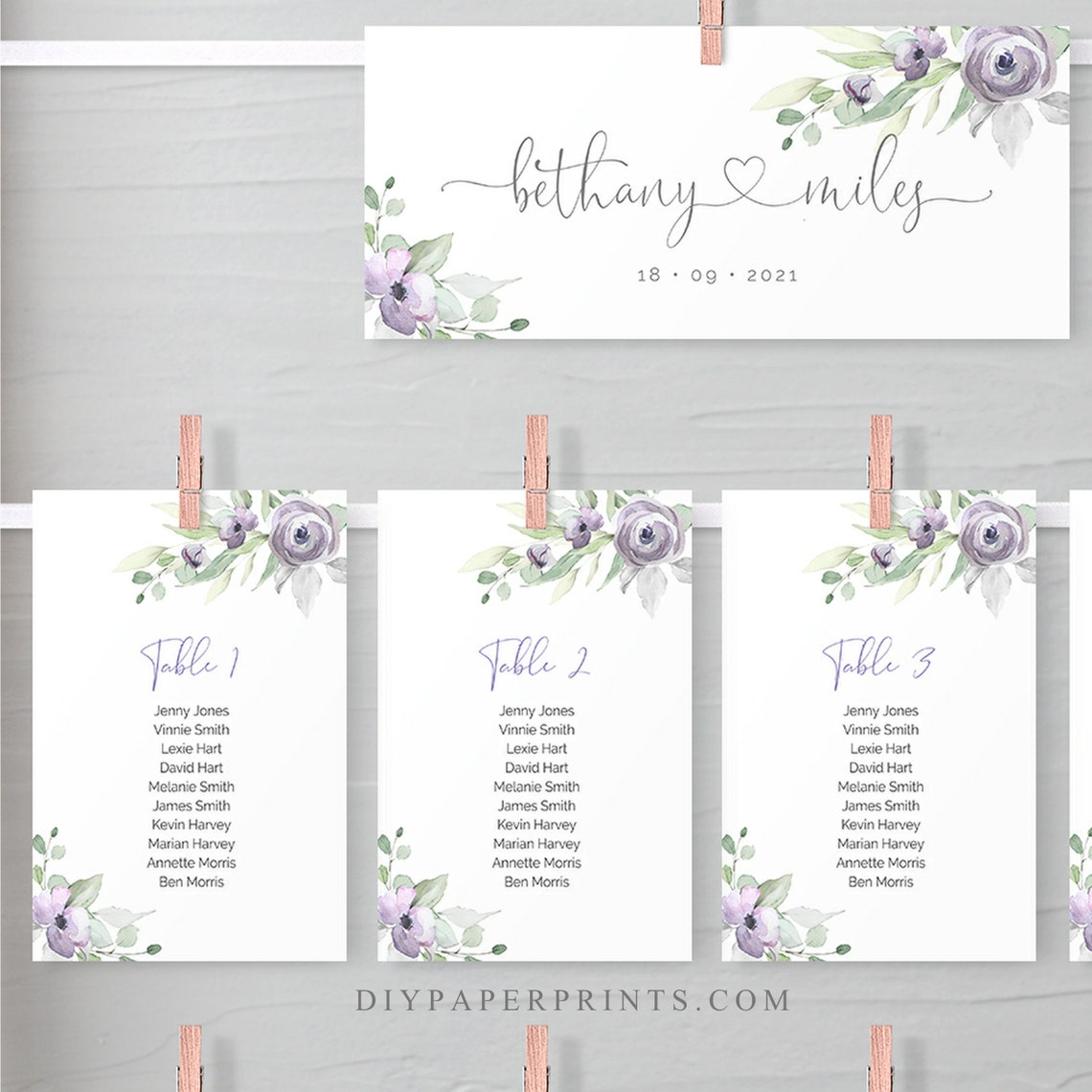 Seating Chart Template, Editable Purple Seating Cards, Seating Chart ...