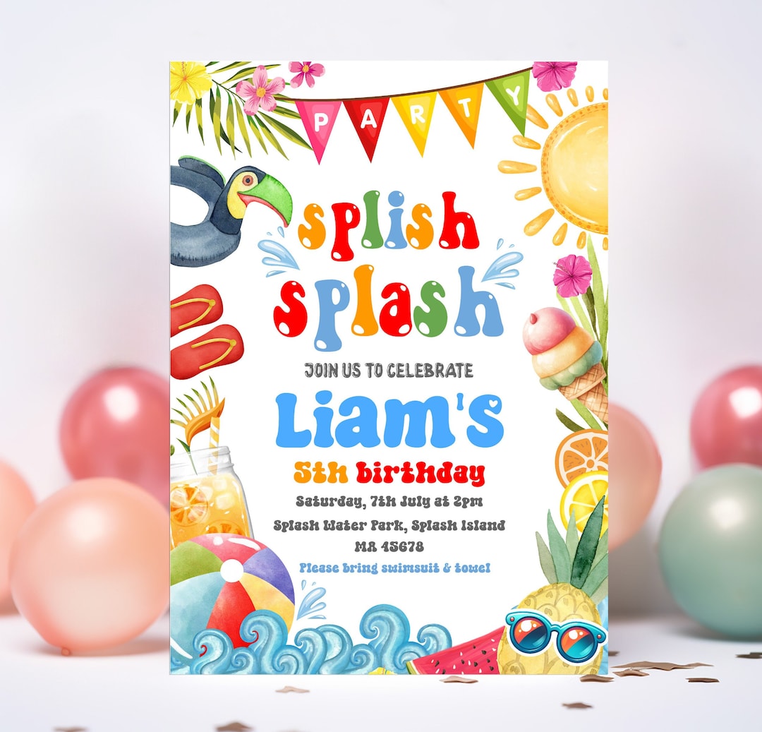 Editable Splish Splash Birthday Party Invitation Water Slide Paddling ...