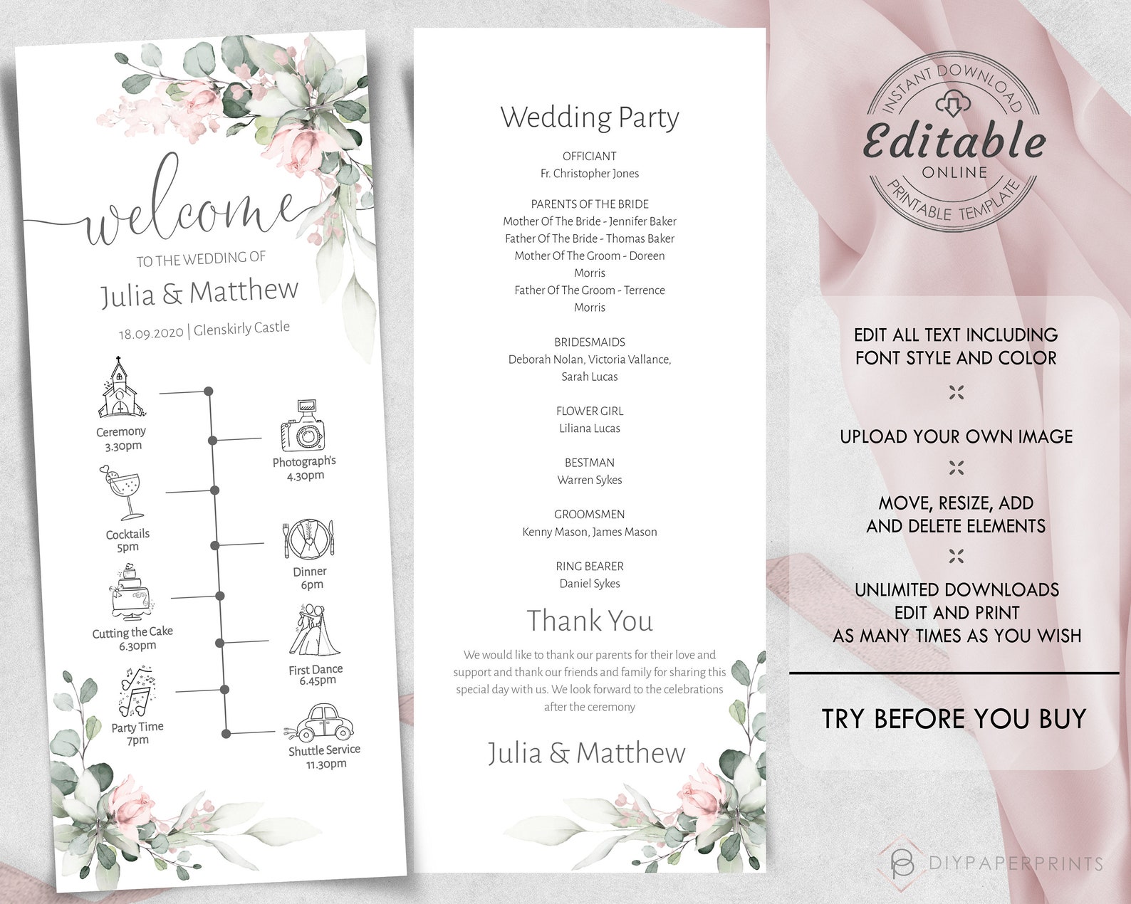 Wedding Timeline Program Template Order of Events Program - Etsy UK