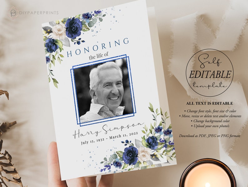 Funeral Program Template for Men Blue Roses, Men Women Obituary ...