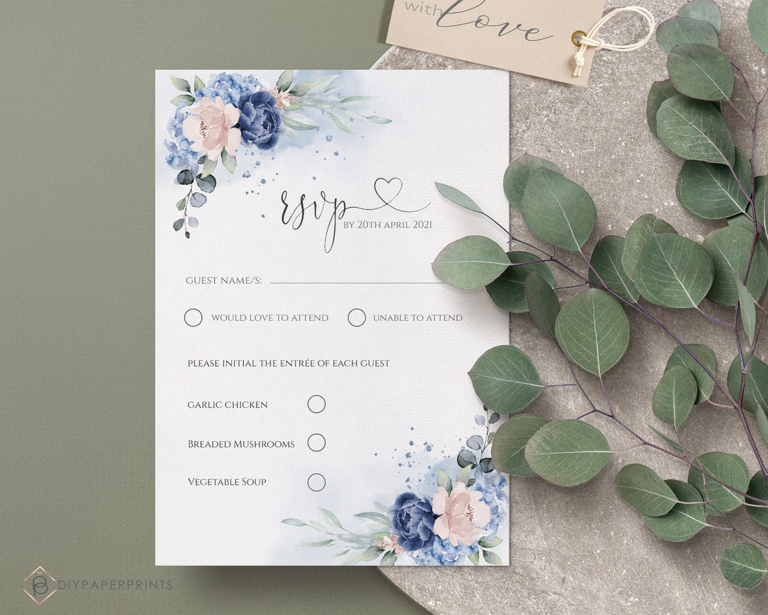 Rsvp Card Template, Blue Floral Printable Wedding RSVP, Wedding Insert ...