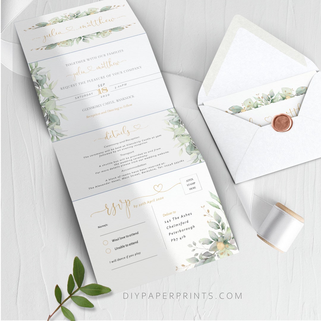 Greenery Wedding Invitation Template, Concertina Invite, Tri Fold ...