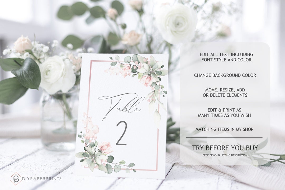 Wedding Table Number/name Card Template, Wedding Table Number, 100% ...