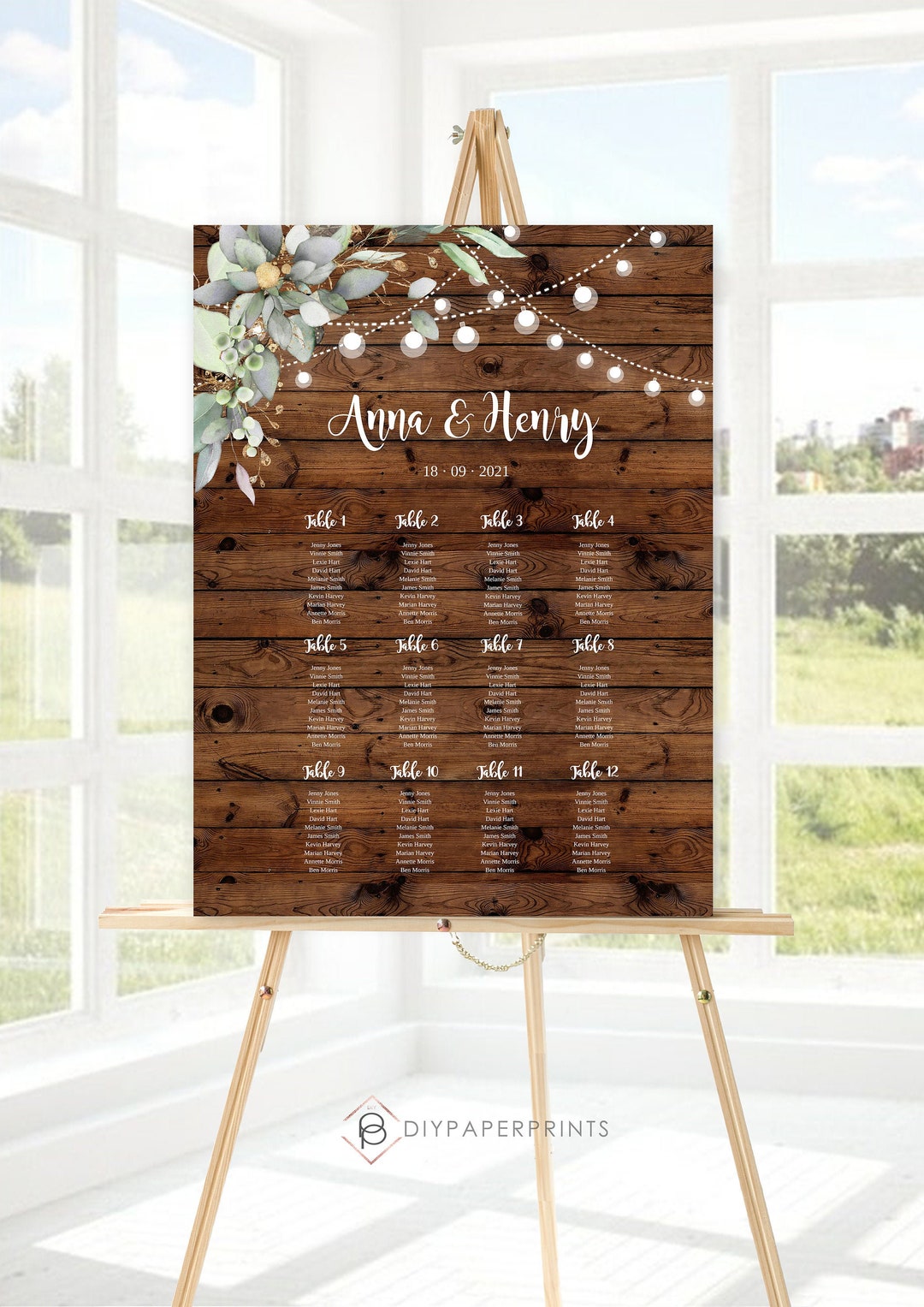 Rustic Wedding Seating Chart, Greenery Wedding Table Plan Template ...