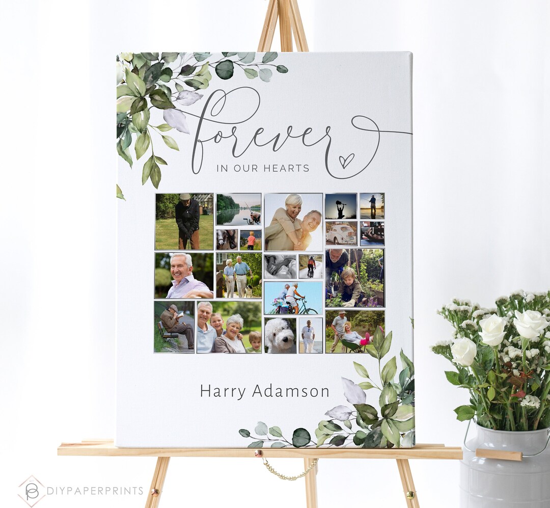 Greenery Funeral Photo Collage Sign, Collage Memorial, Forever in Our ...