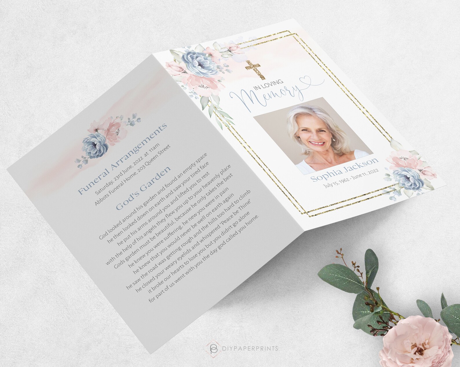 Editable Funeral Program Template Gold Cross, Blush Rose, Dusky Blue ...