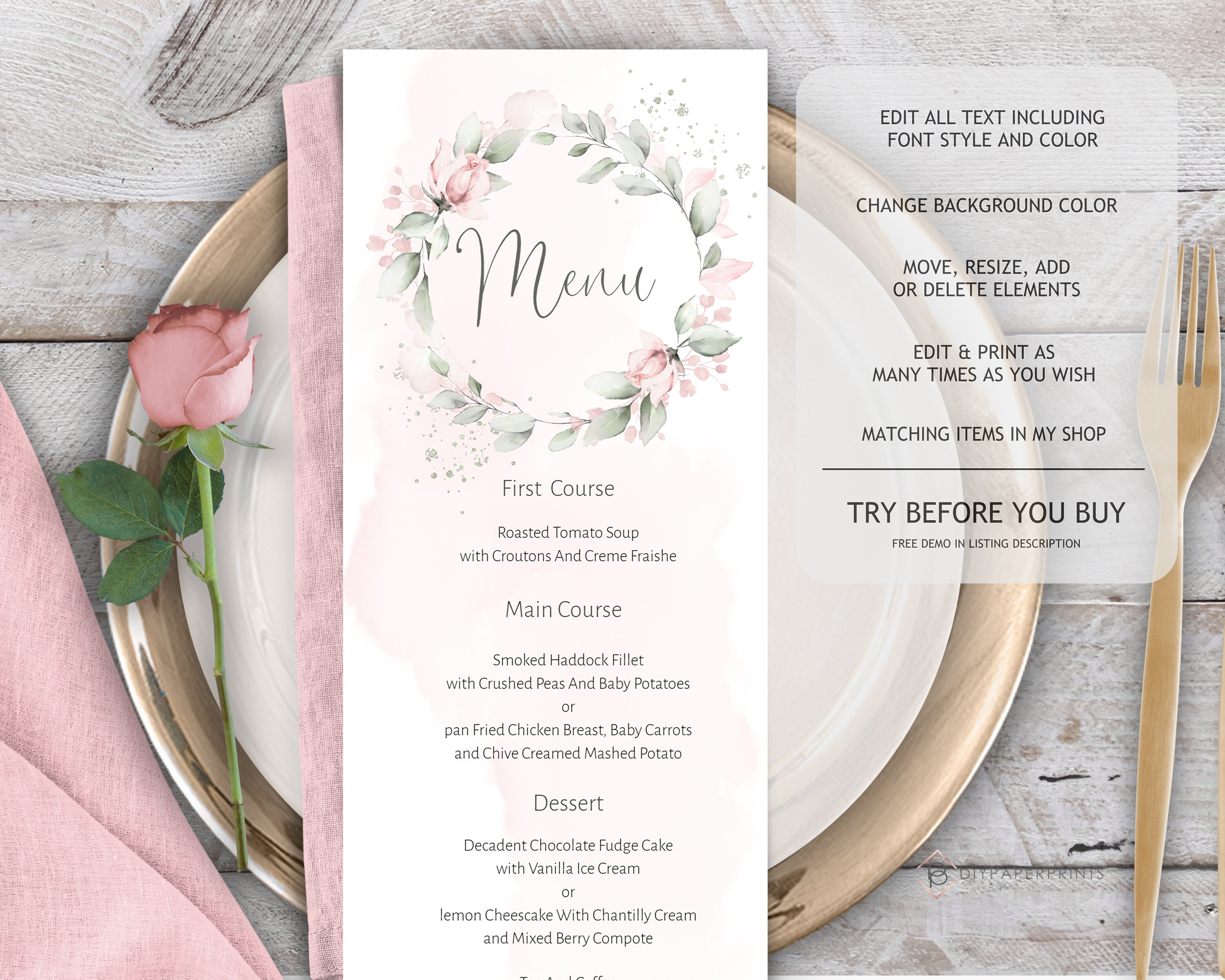 Blush Pink Floral Wedding Menu Template (printable Editable Download ...