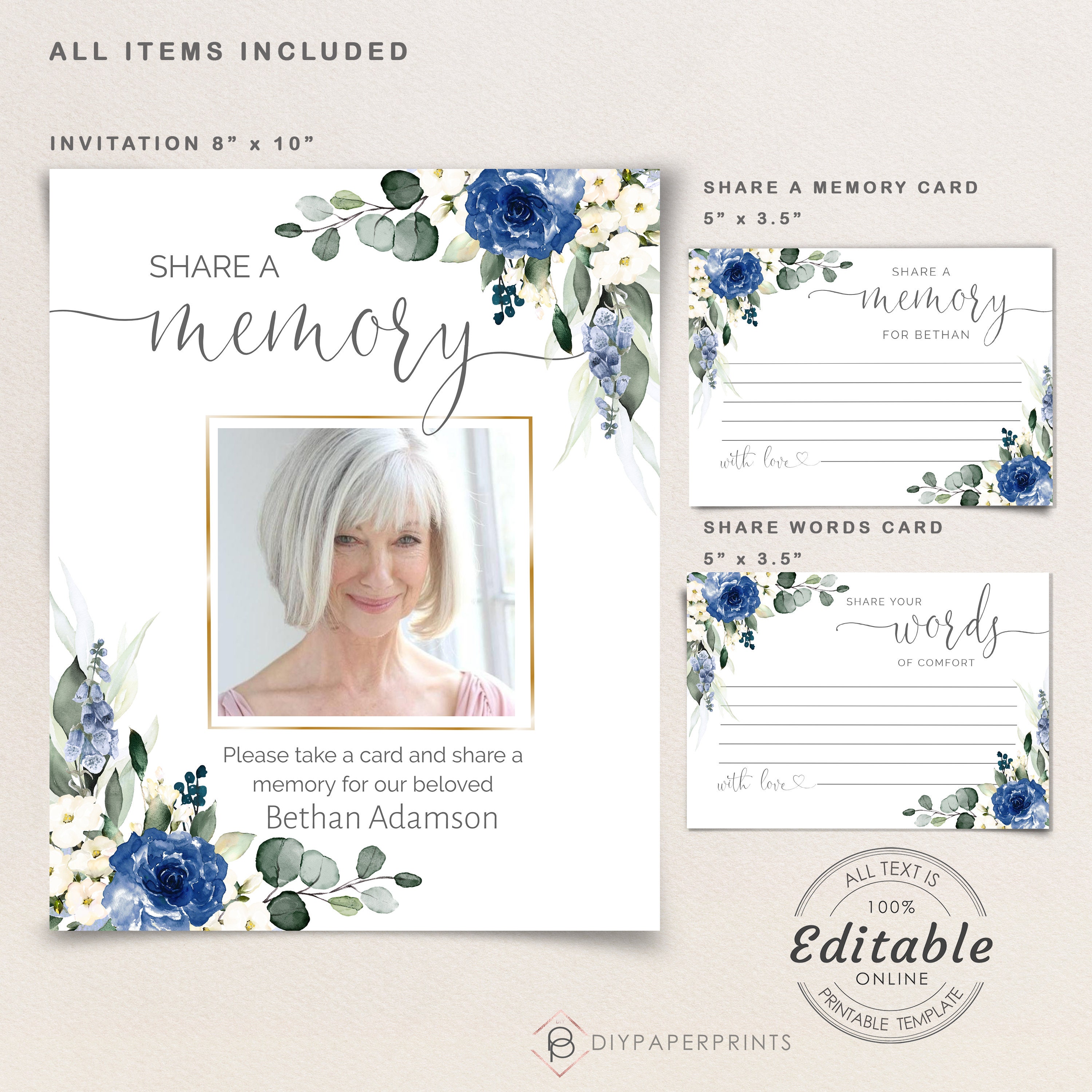 Funeral Share a Memory Card Template Blue Funeral Memorial - Etsy