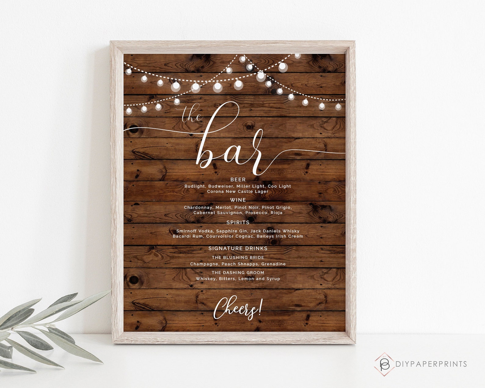 Country Wedding Bar Menu Sign, Rustic Bar Sign Template, Printable Bar ...