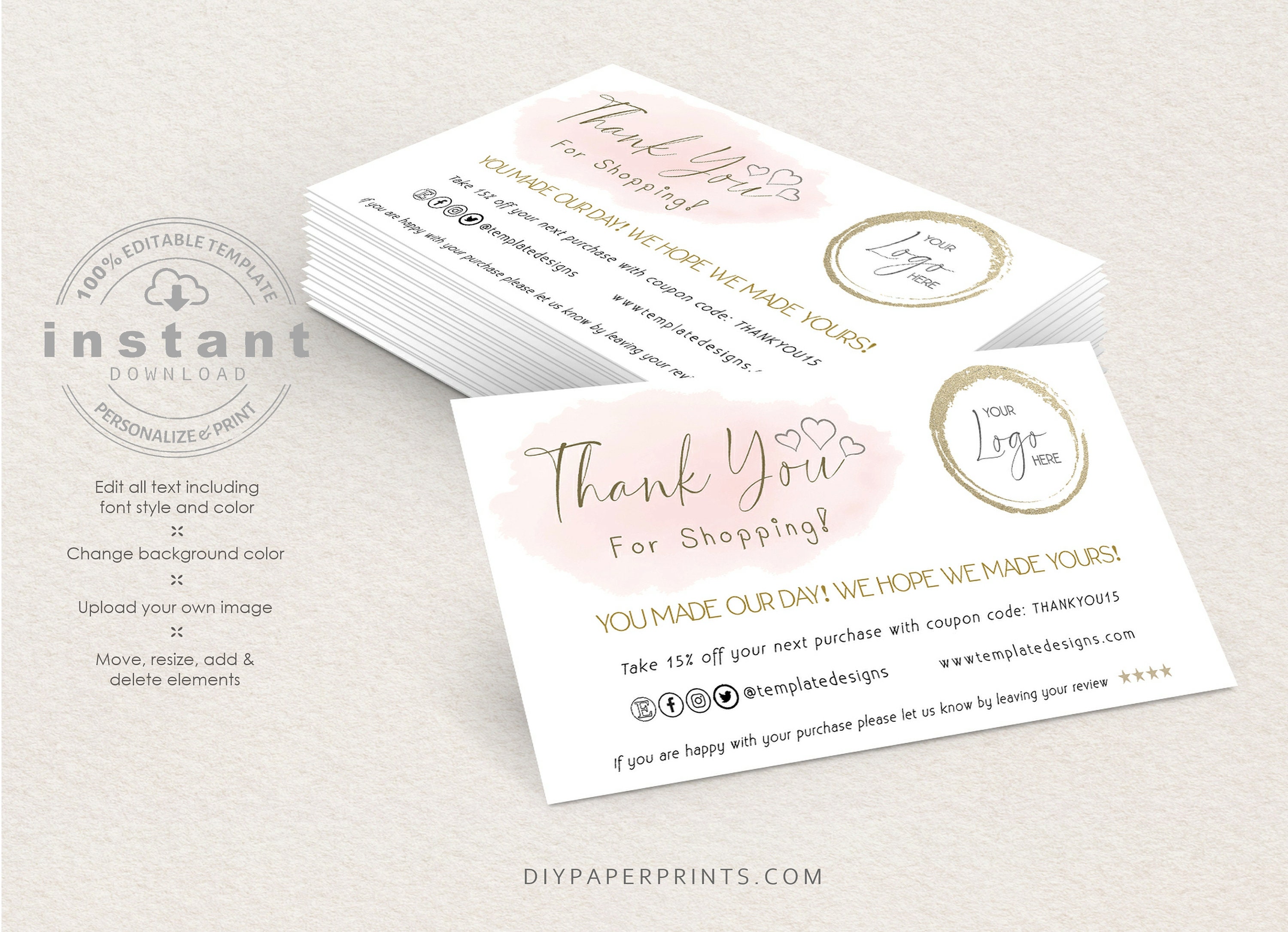 ADD YOUR LOGO editable Business Thank You Insert Card | Etsy