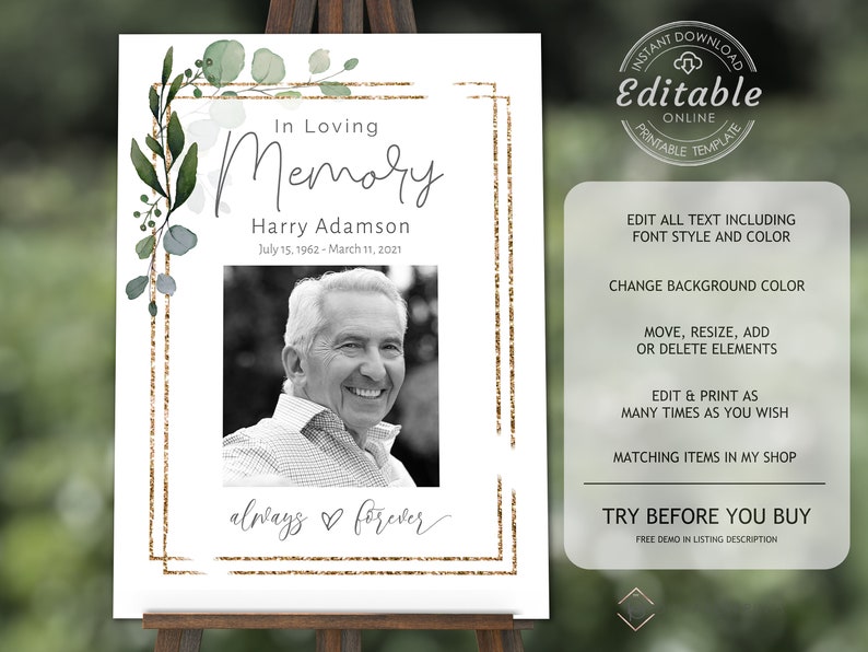 Funeral Memorial Sign, Greenery Celebration of Life Picture Sign ...