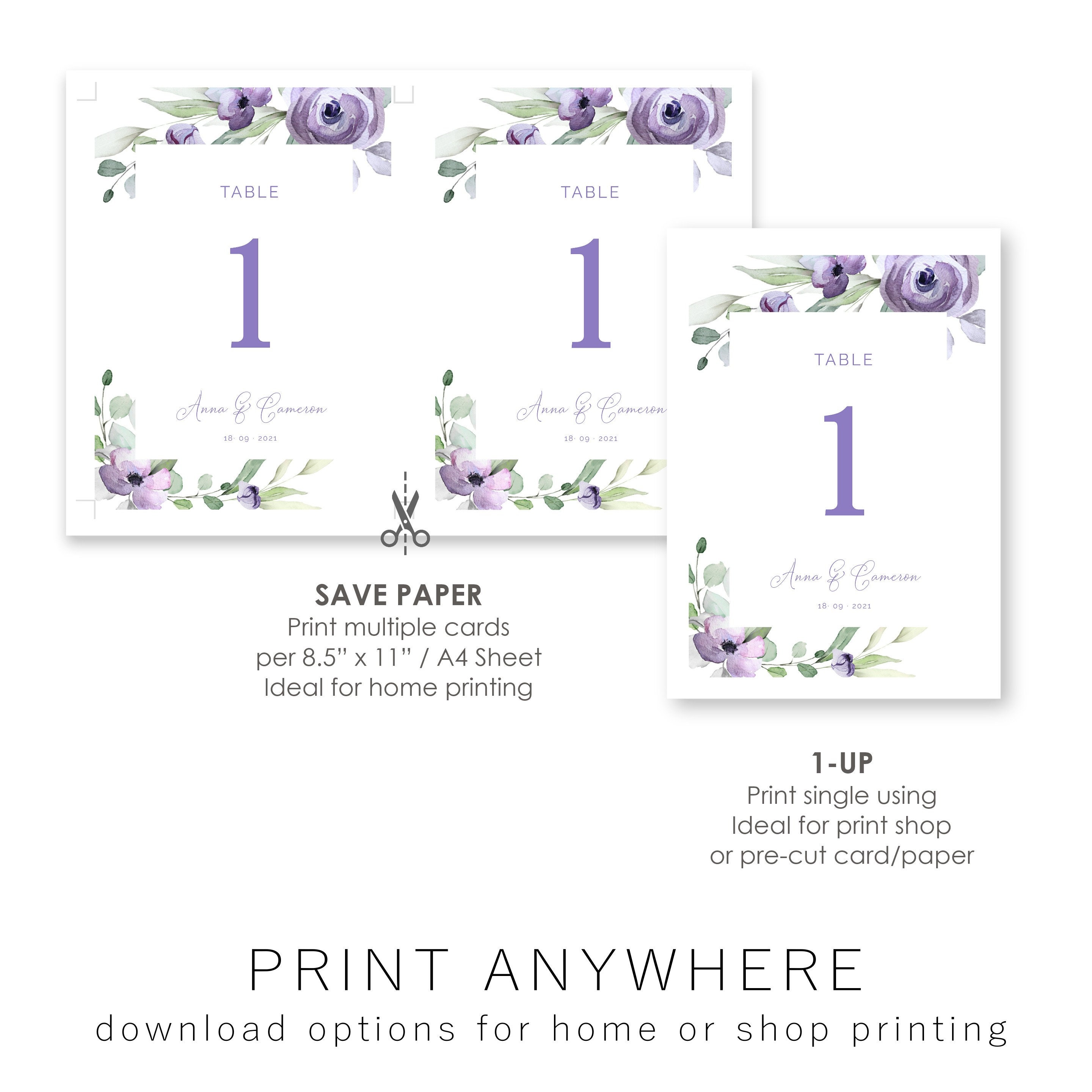 Purple Floral Wedding Table Number Template (instant Download) - Etsy