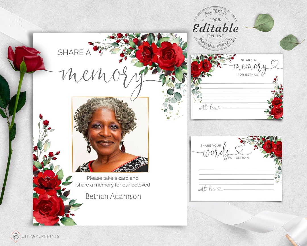 Red Roses Funeral Memory Card Template (digital Download) - Etsy
