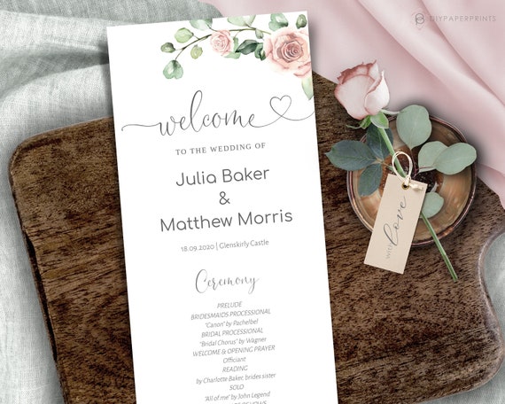 Pink Floral Wedding Program Template Pink Roses Printable | Etsy