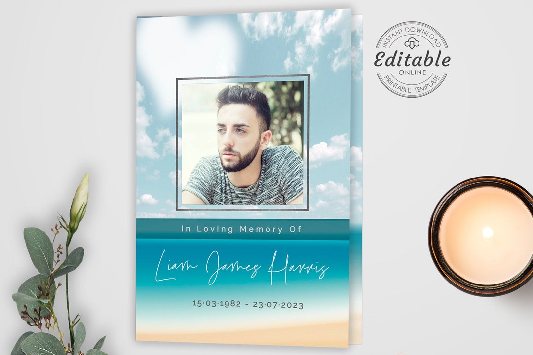 Editable Funeral Program Template, Blue Skies, Seascape Memorial ...