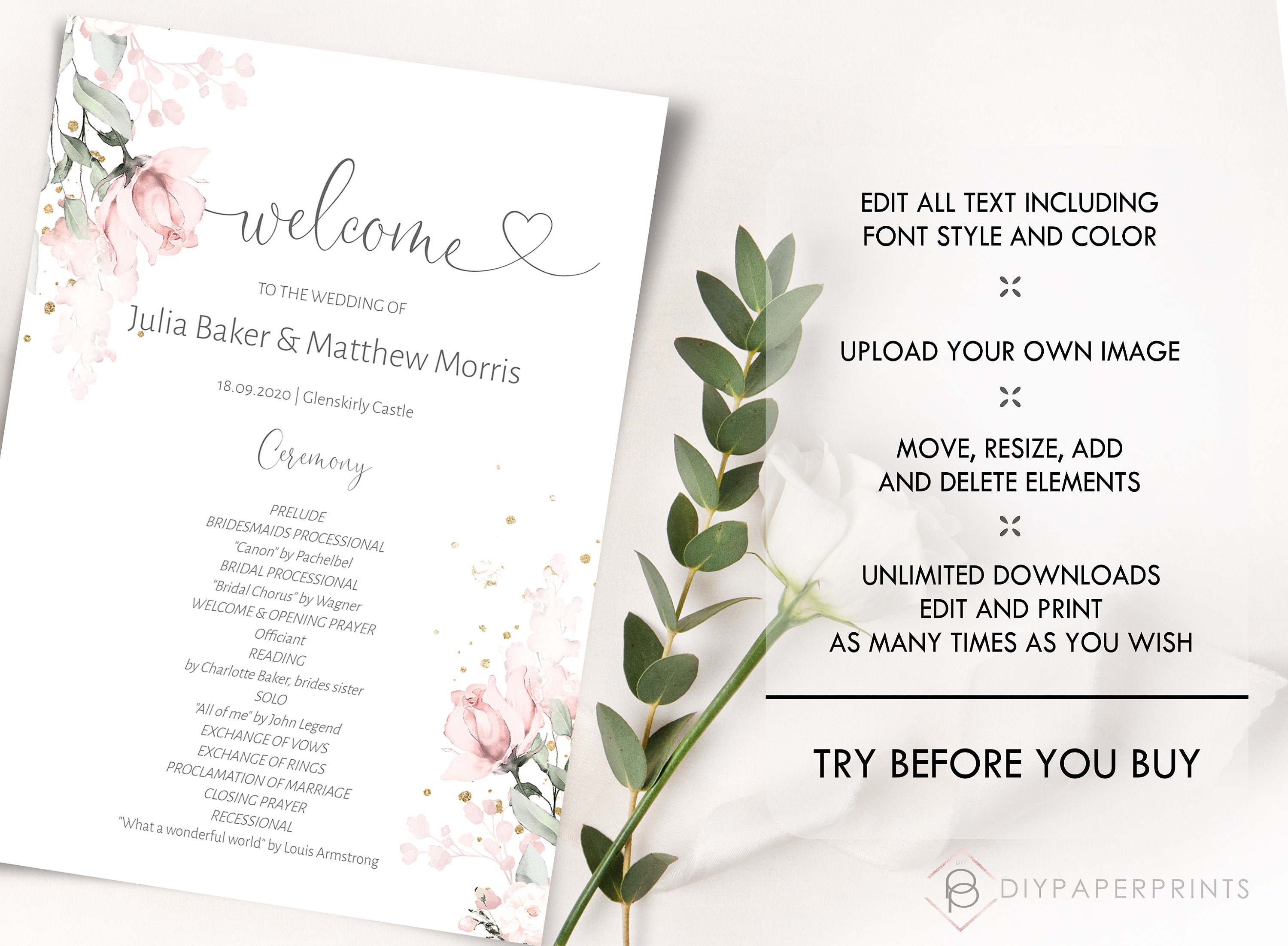 Blush Pink Wedding Program Template Pink Floral Printable - Etsy UK