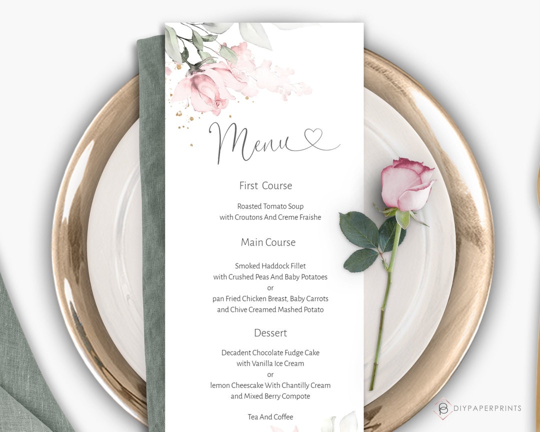 Pink Floral Wedding Menu Card Template (digital Download 3.75x9" PDF ...