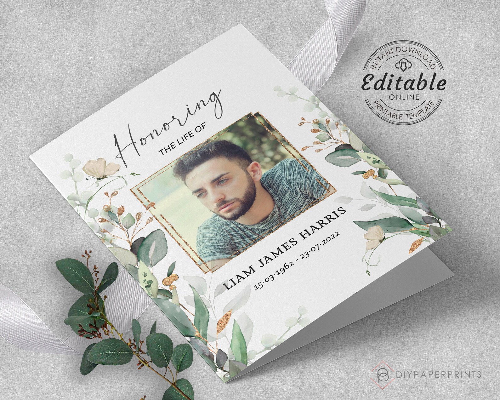 Editable Greenery Funeral Program Template Leaves Gold - Etsy