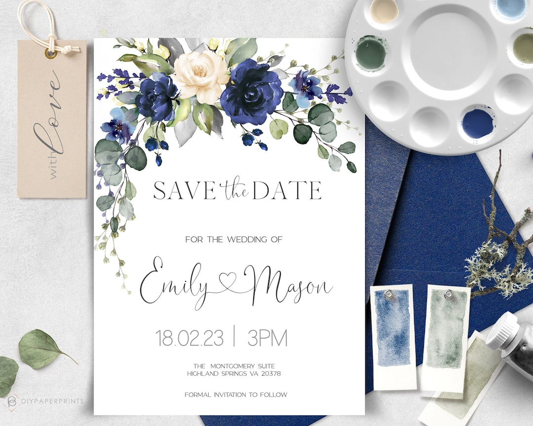 Navy Blue Wedding Save the Date Template, Save the Date Card, Printable ...