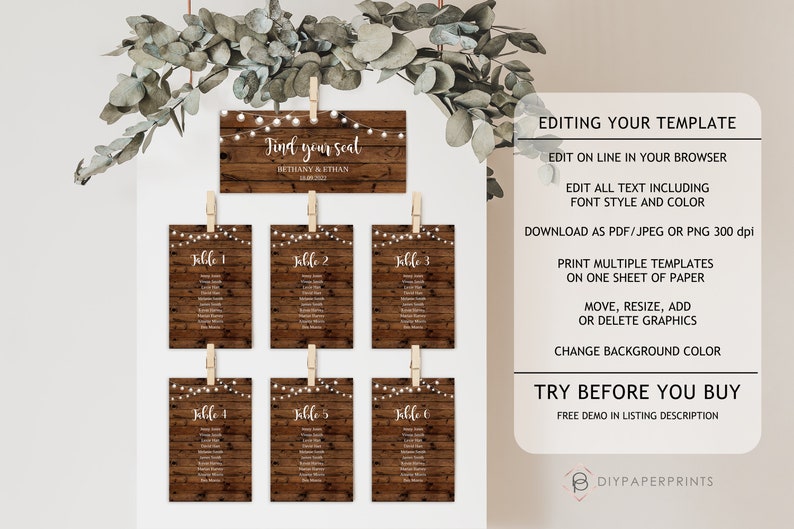 Rustic Seating Chart Cards Wood Theme Seating Chart Template | Etsy