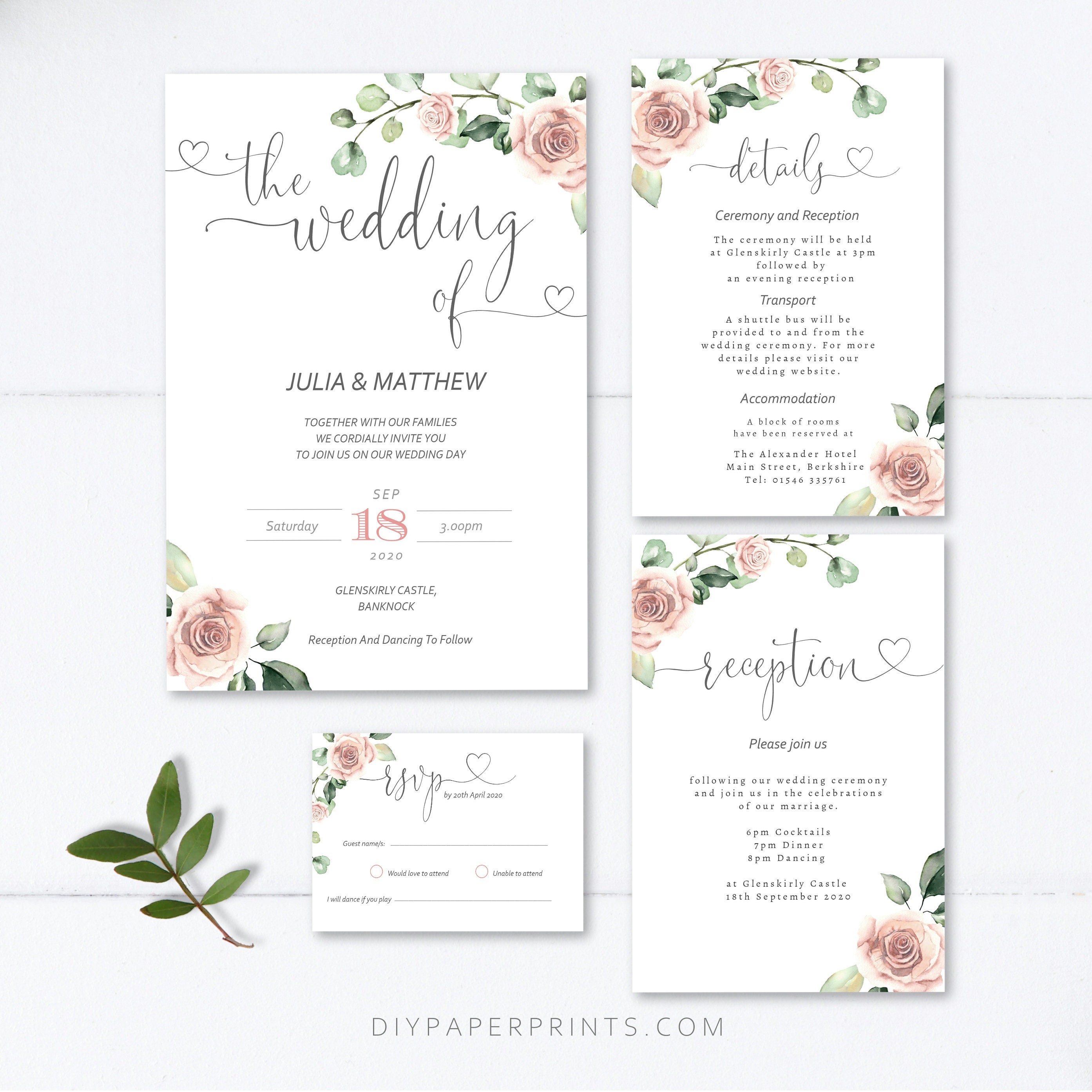 Wedding Invitation Template Suite Details and Rsvp Card | Etsy UK