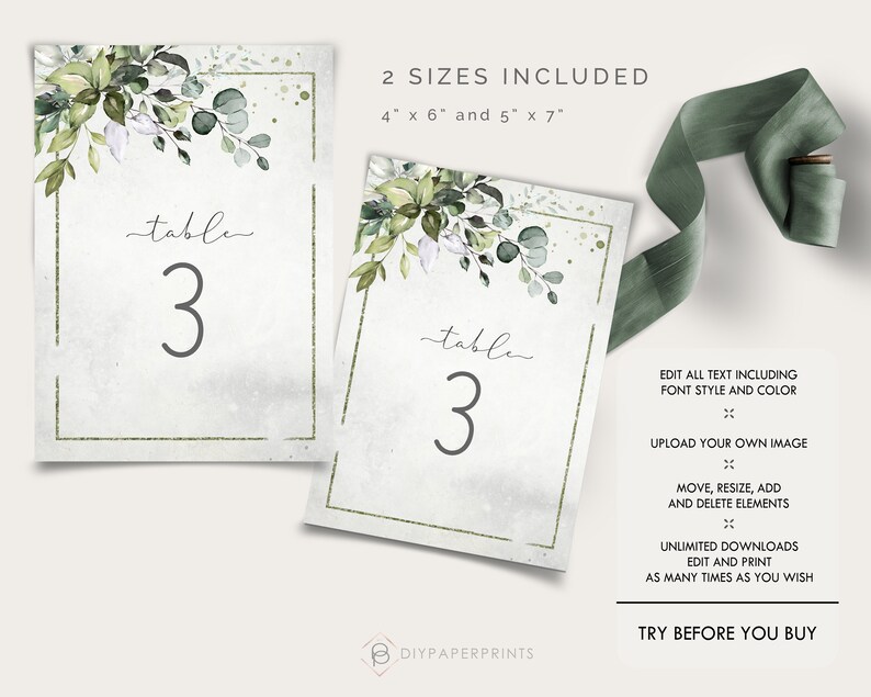 Printable Table Numbers, Greenery Table Numbers, 5x7, 4x6, Green and ...