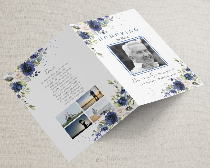 Funeral Program Template for Men Blue Roses, Men Women Obituary ...