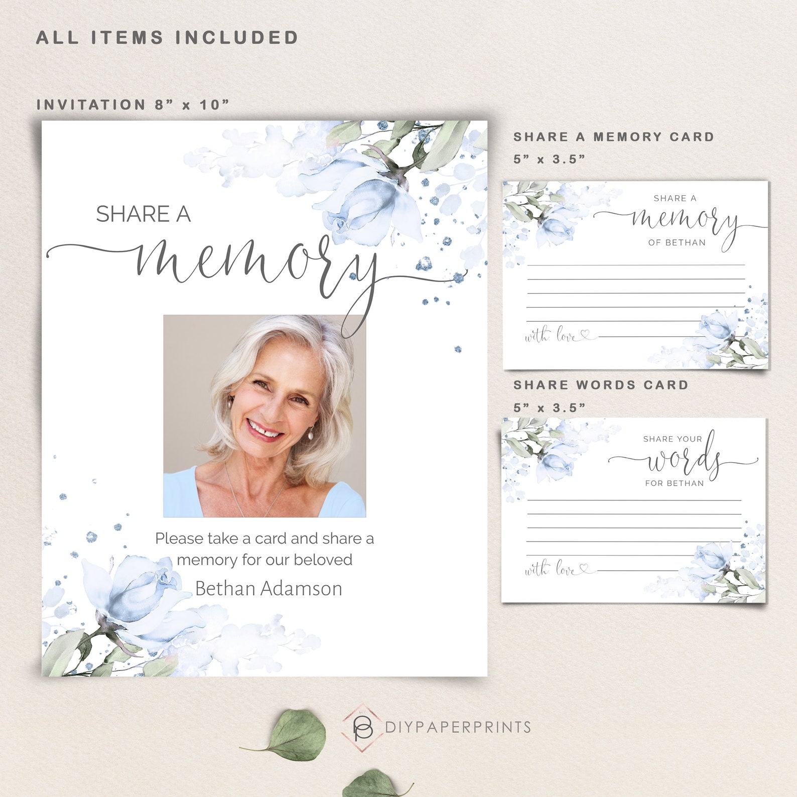 Funeral Share a Memory Card Template, Blue Funeral Memorial , Printable ...