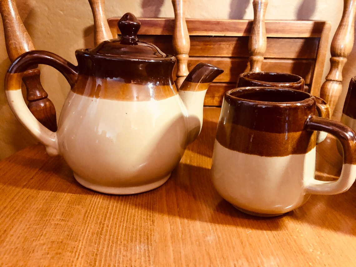 Vintage Brown and Beige Ceramic Tea Set With Four Cups - Etsy