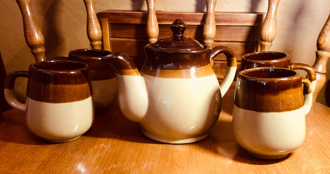 Vintage Brown and Beige Ceramic Tea Set With Four Cups - Etsy