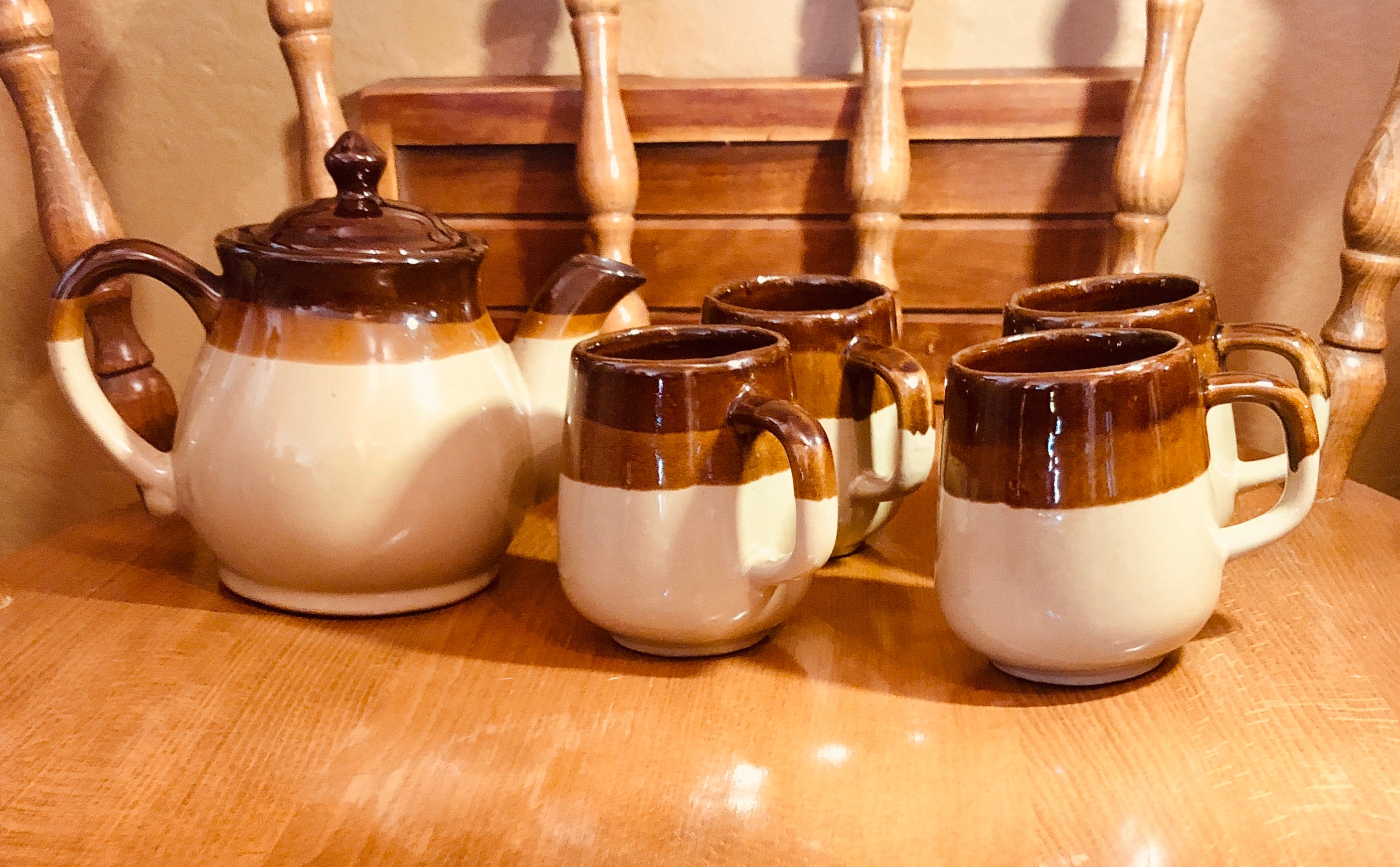 Vintage Brown and Beige Ceramic Tea Set With Four Cups - Etsy