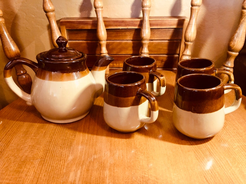 Vintage Brown and Beige Ceramic Tea Set With Four Cups - Etsy