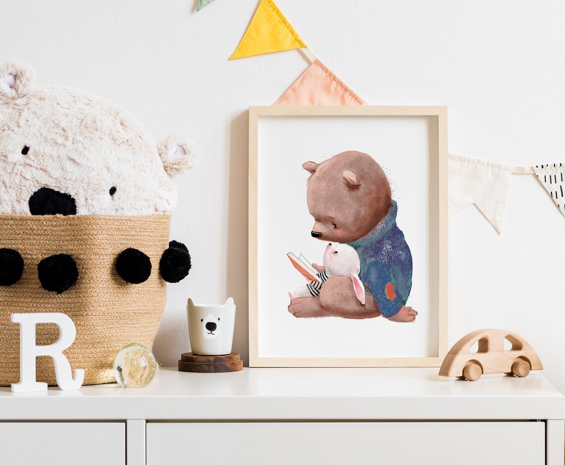 Nursery Bear and Bunny Wall Print Book Reading Bear Printable | Etsy