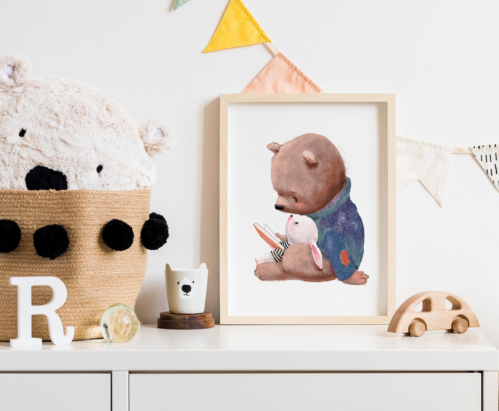 Nursery Bear and Bunny Wall Print Book Reading Bear Printable Woodland ...