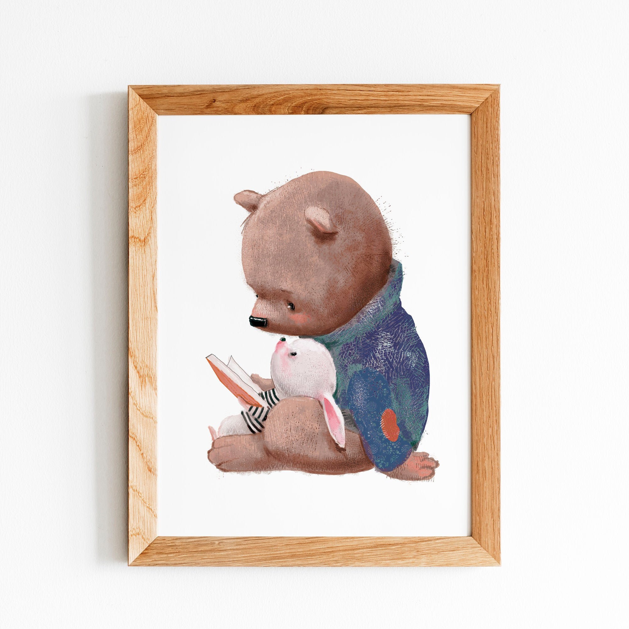 Nursery Bear and Bunny Wall Print Book Reading Bear Printable | Etsy