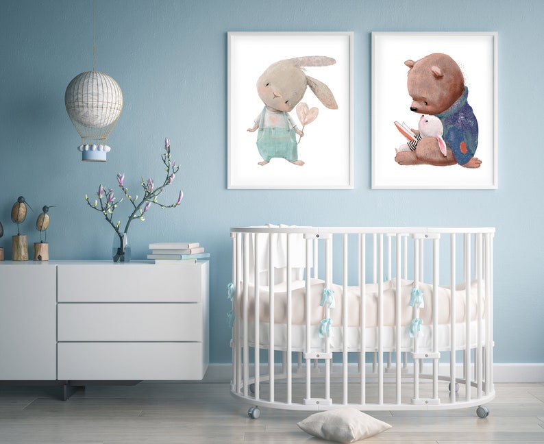 Nursery Bear and Bunny Wall Print Book Reading Bear Printable Woodland ...