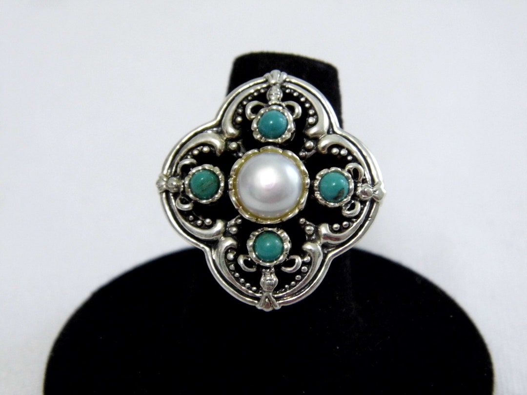 GSJ Sterling Silver 925 Pearl and Turquoise Ring Size 7 - Etsy