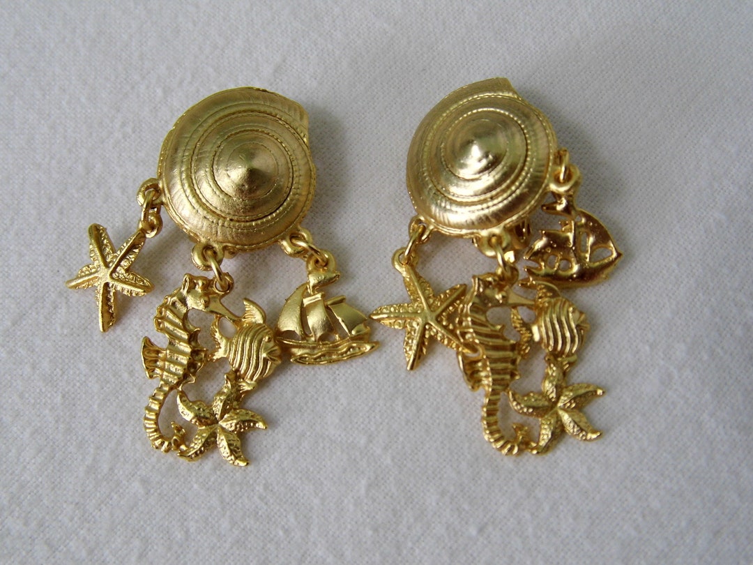 Vintage Gold Tone Nautical Shell, Fish, Boat Clip Earrings - Etsy