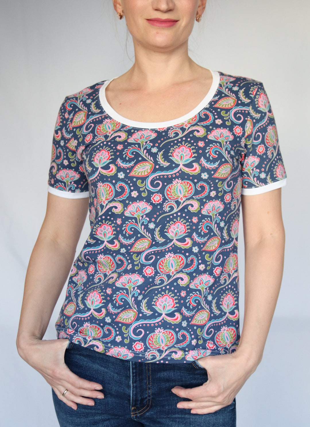 Freydis & Sun Camisa de mujer, estampado floral, jersey de algodón ...