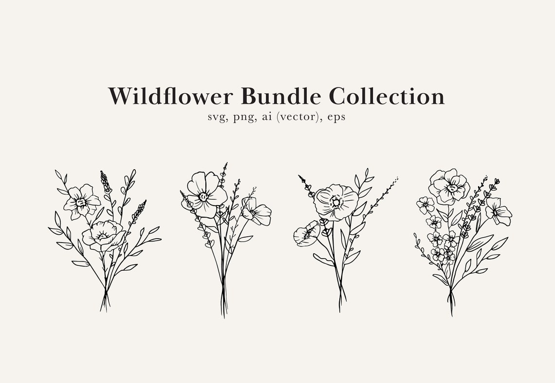 Wildflower Clip Art, Wildflower Drawings, Wildflower Bundle Design ...