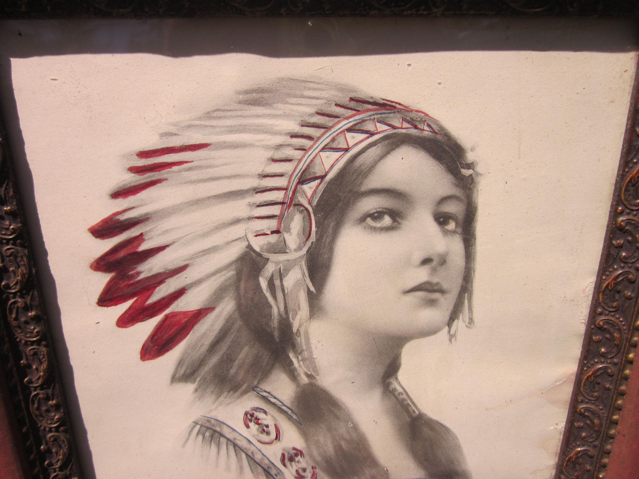 Indian Princess Drawing-1840s-amazing Piece!w Red Coloring-good ...