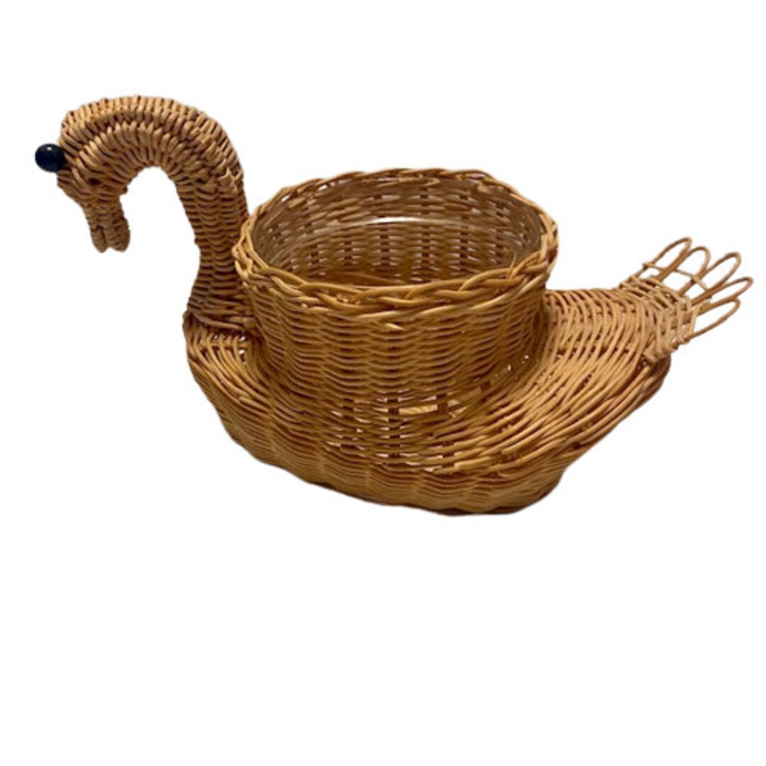 Wicker Swan or Goose Planter Vintage 70s Plastic Liner Button Eyes Wine ...