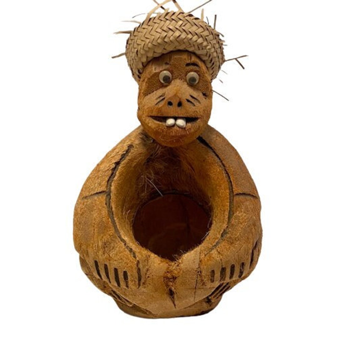 Coconut Monkey Figurine Hand Carved Bar Decor Mid Century Vintage 1960s ...