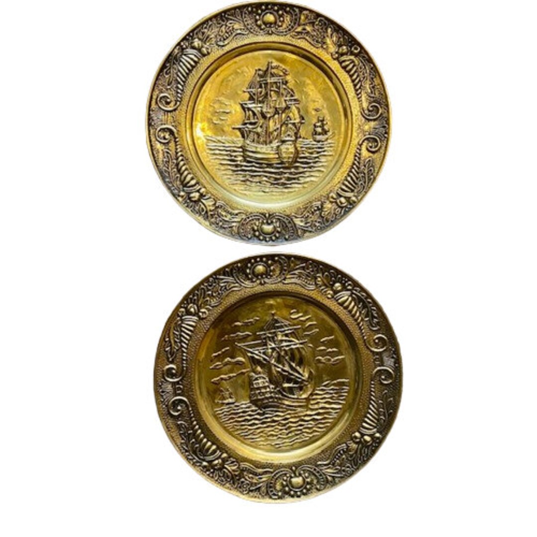 Brass Wall Plaques Nautical Mid Century Sailing Ships Pirates Embossed ...