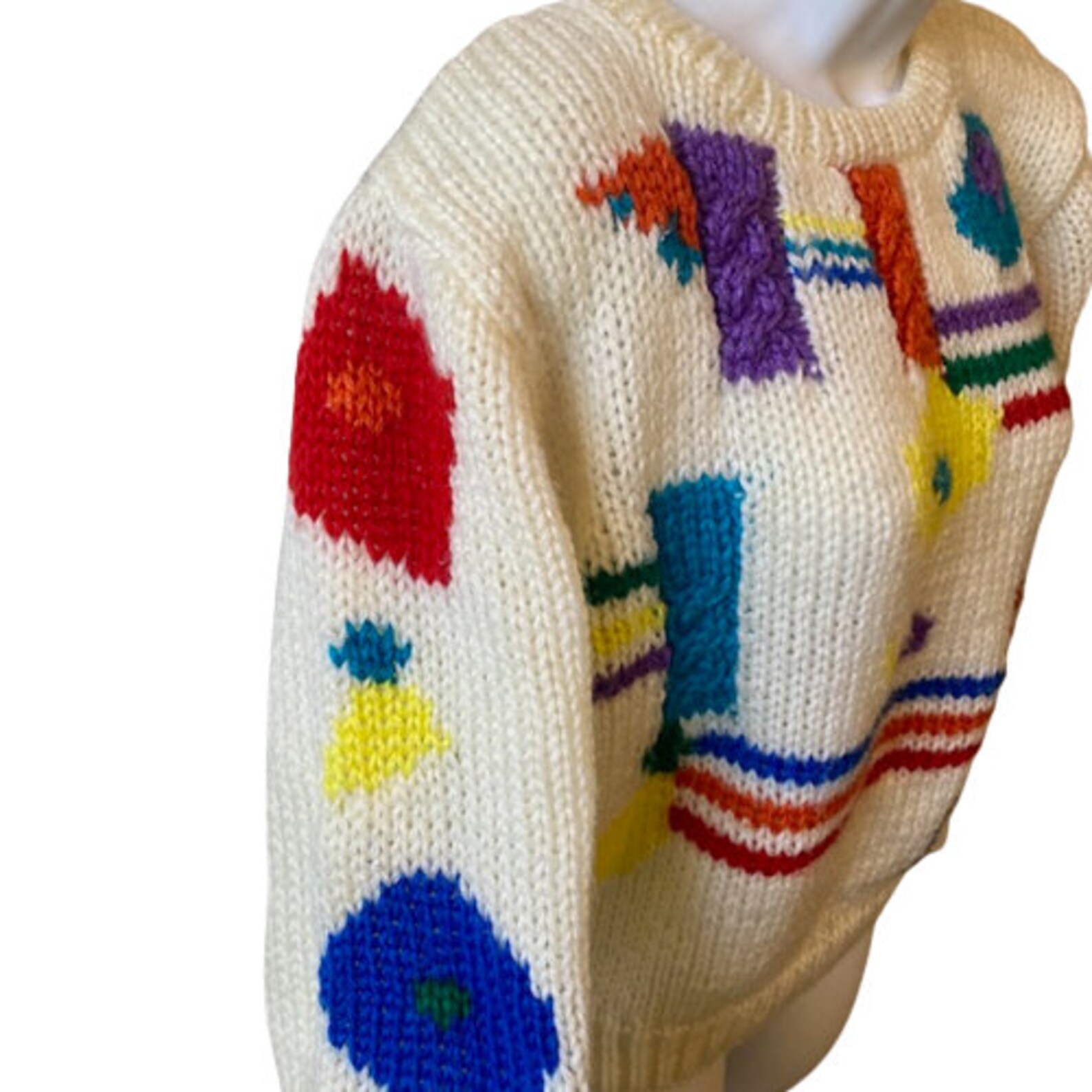 Hand Knit Sweater One of a Kind Crew Neck Pullover Vintage 80s Cream ...