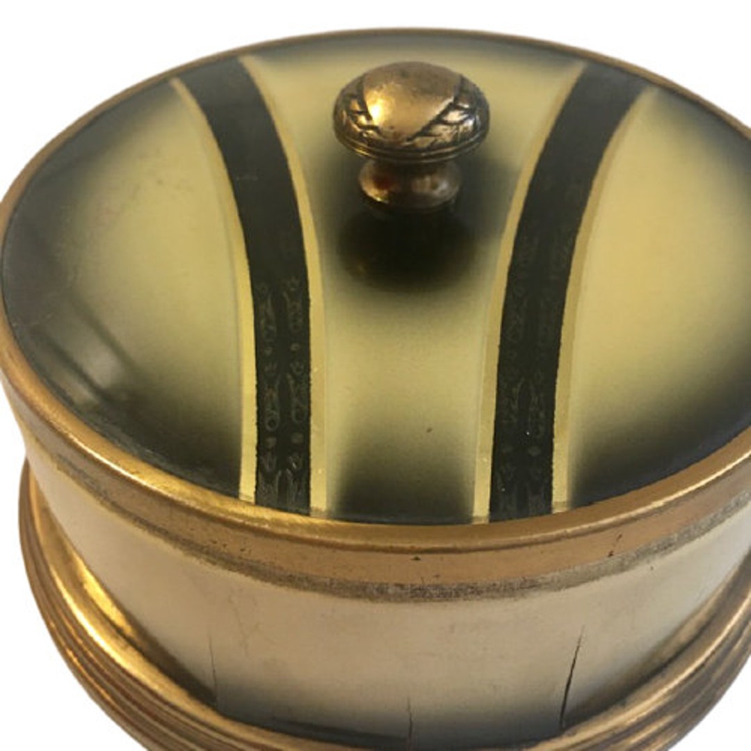 Powder Box Vintage Art Deco Vanity Box Yellow Black Lid Tin Enamel ...