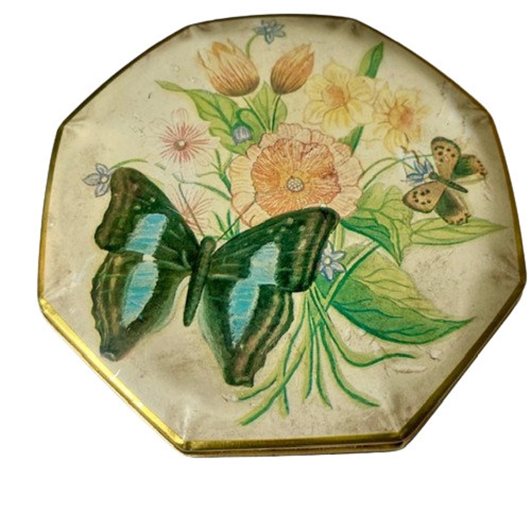 Meister Hexagonal Tin Butterflies Flowers Vintage 1970s Made in Brazil ...