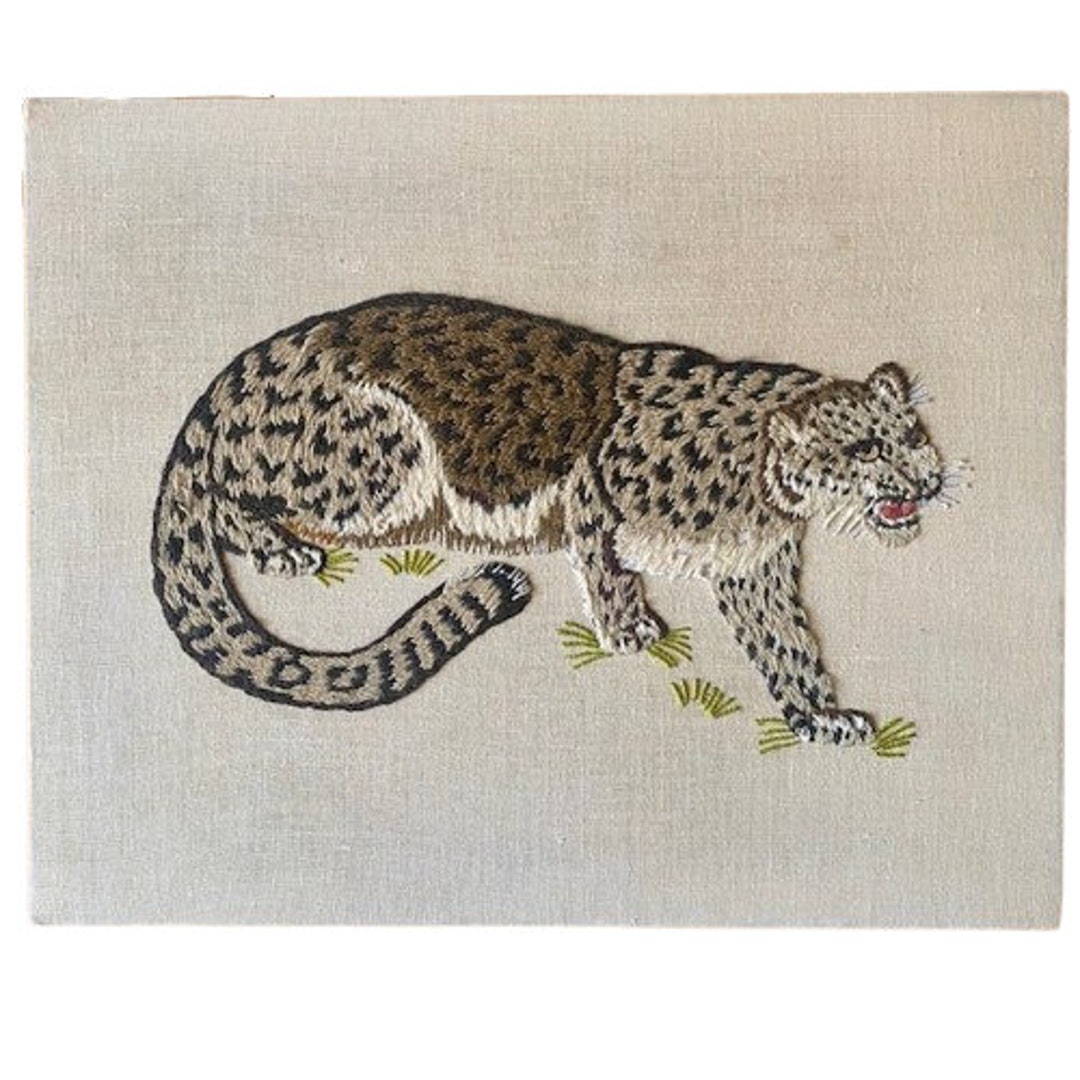 Crewel Embroidered Leopard Cheetah Wall Hanging Stretched Wired ...